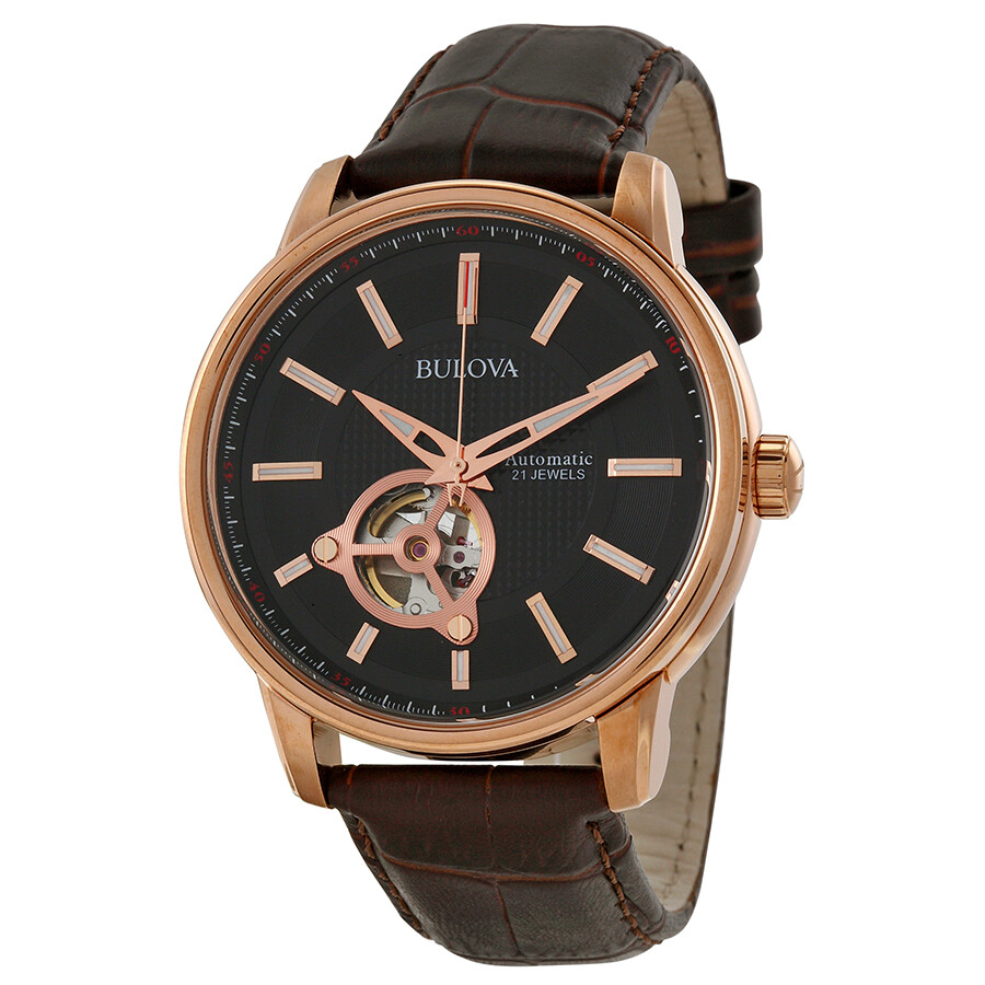 Bulova Mechanical Black Dial Rose Gold-tone Stainless Steel Men's Watch ...