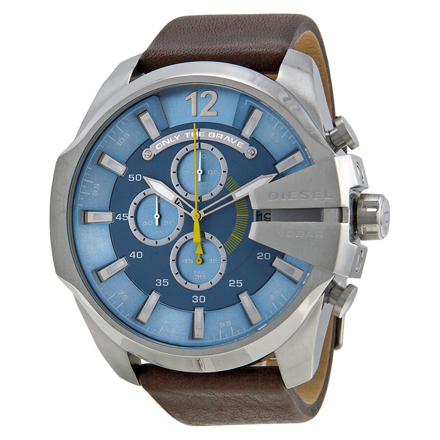 Diesel Mega Chief Chronograph Light Blue Dial Brown Leather Men's Watch ...