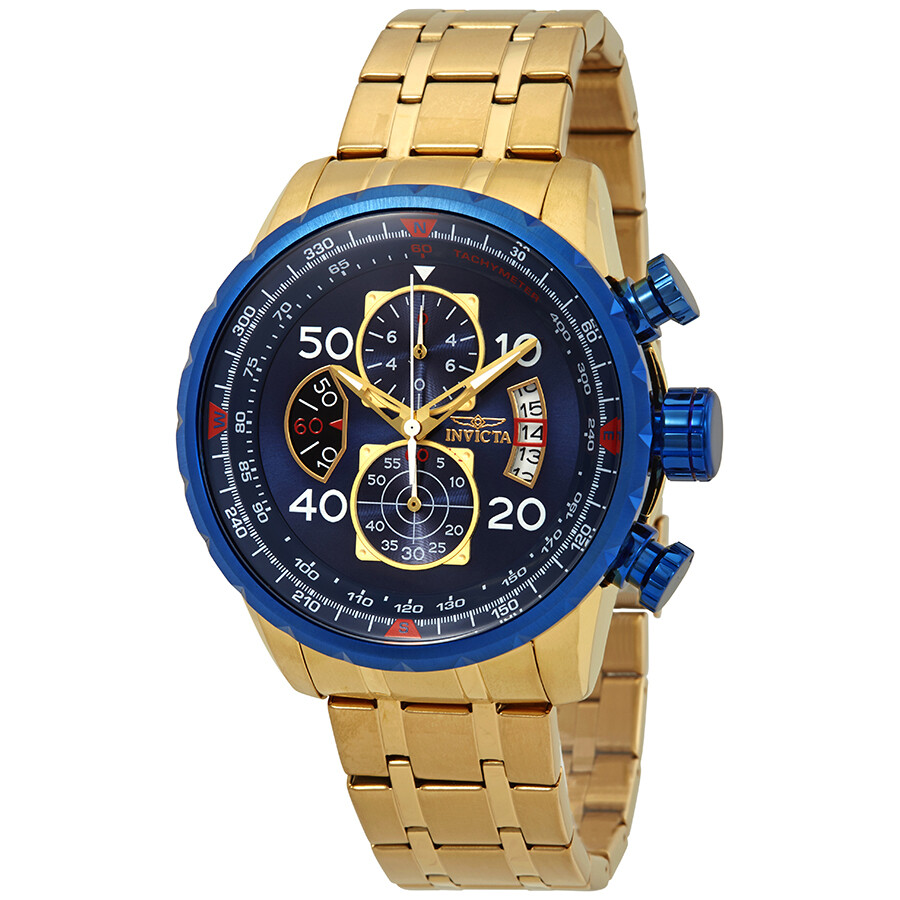 Invicta Aviator Chronograph Blue Dial 18kt Gold-plated Men's Watch ...