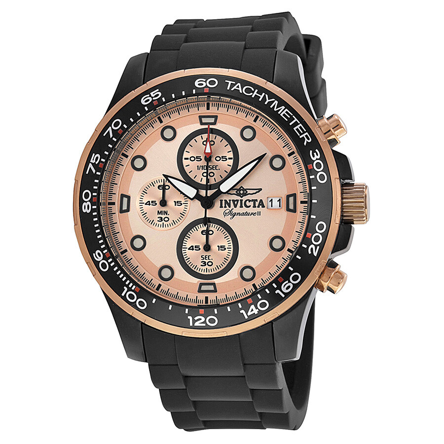 Invicta Signature II Chronograph Rose Gold-tone Dial Black Rubber Strap ...
