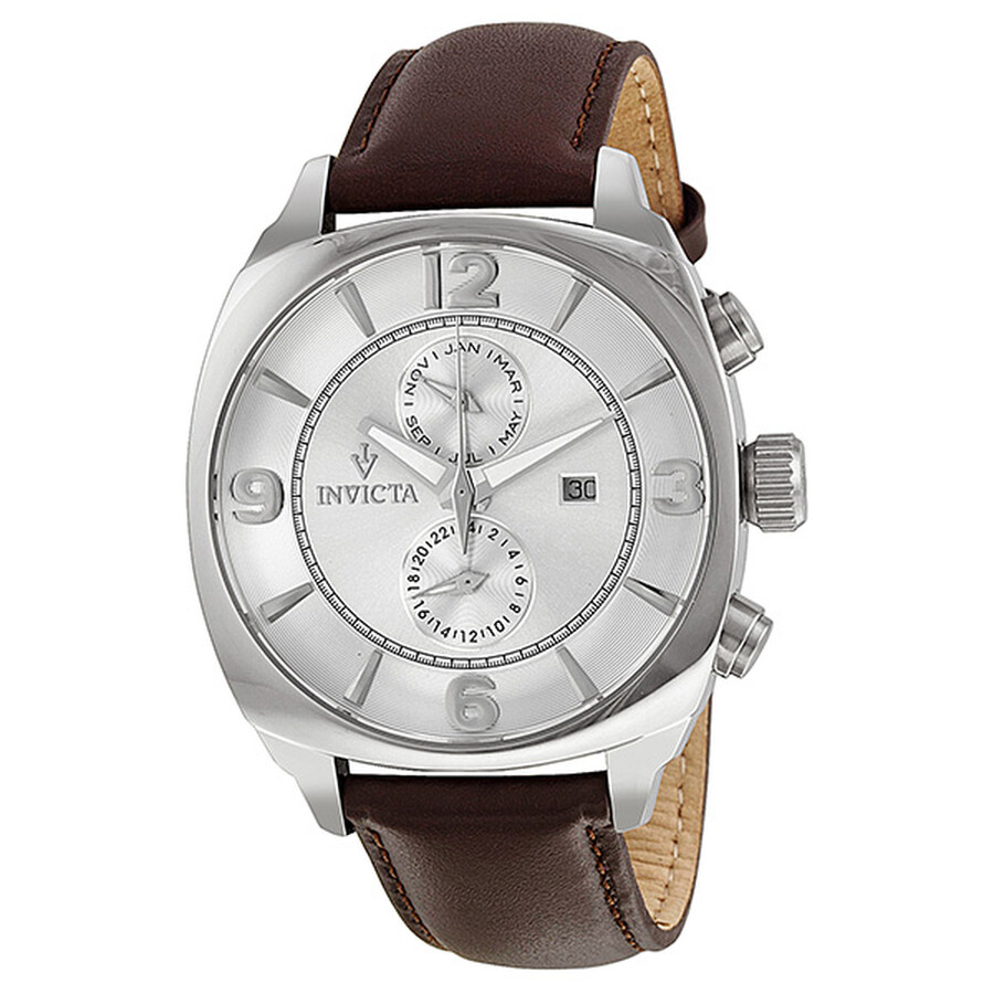 Invicta Vintage Quartz Silver Dial Brown Leather Strap Men's Watch ...
