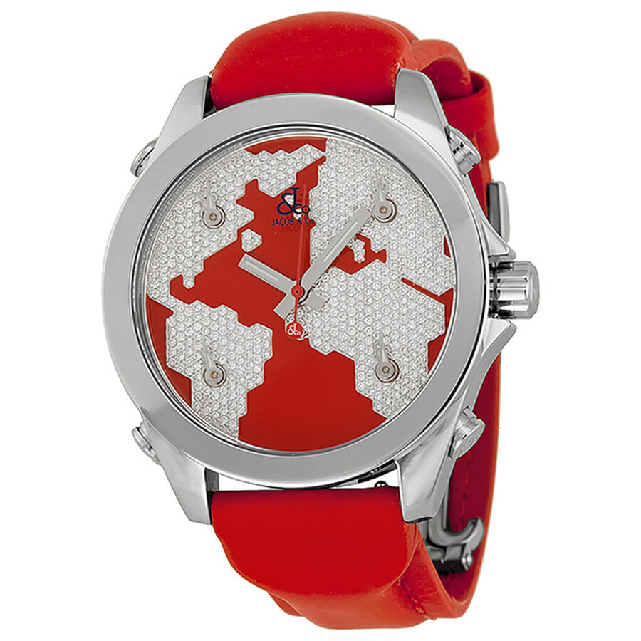 Jacob and Company Five Time Zone Diamond Pave Red Enamel Unisex Watch ...