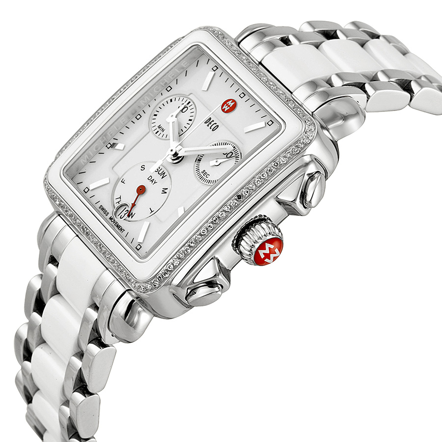 Michele Deco Diamond Stainless Steel with White Ceramic Ladues Watch ...